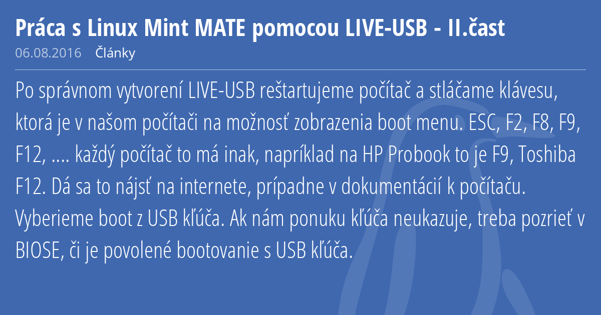 Práca s Linux Mint MATE pomocou LIVE-USB - II.čast