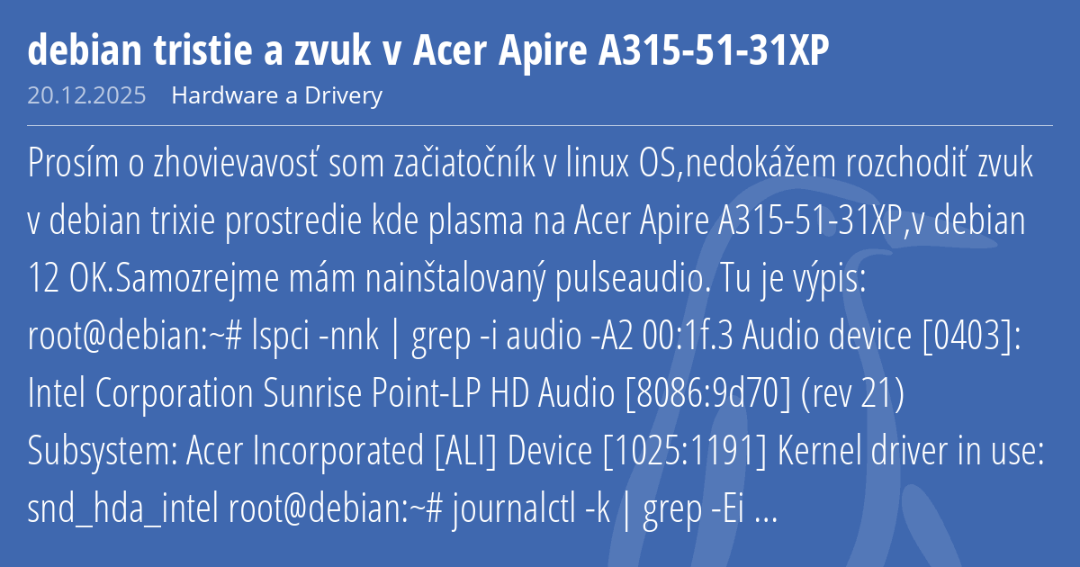 debian tristie a zvuk v Acer Apire A315-51-31XP