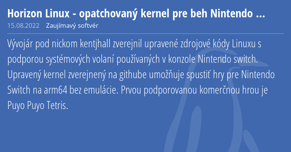 Horizon Linux - opatchovaný kernel pre beh Nintendo Switch hier na arm64
